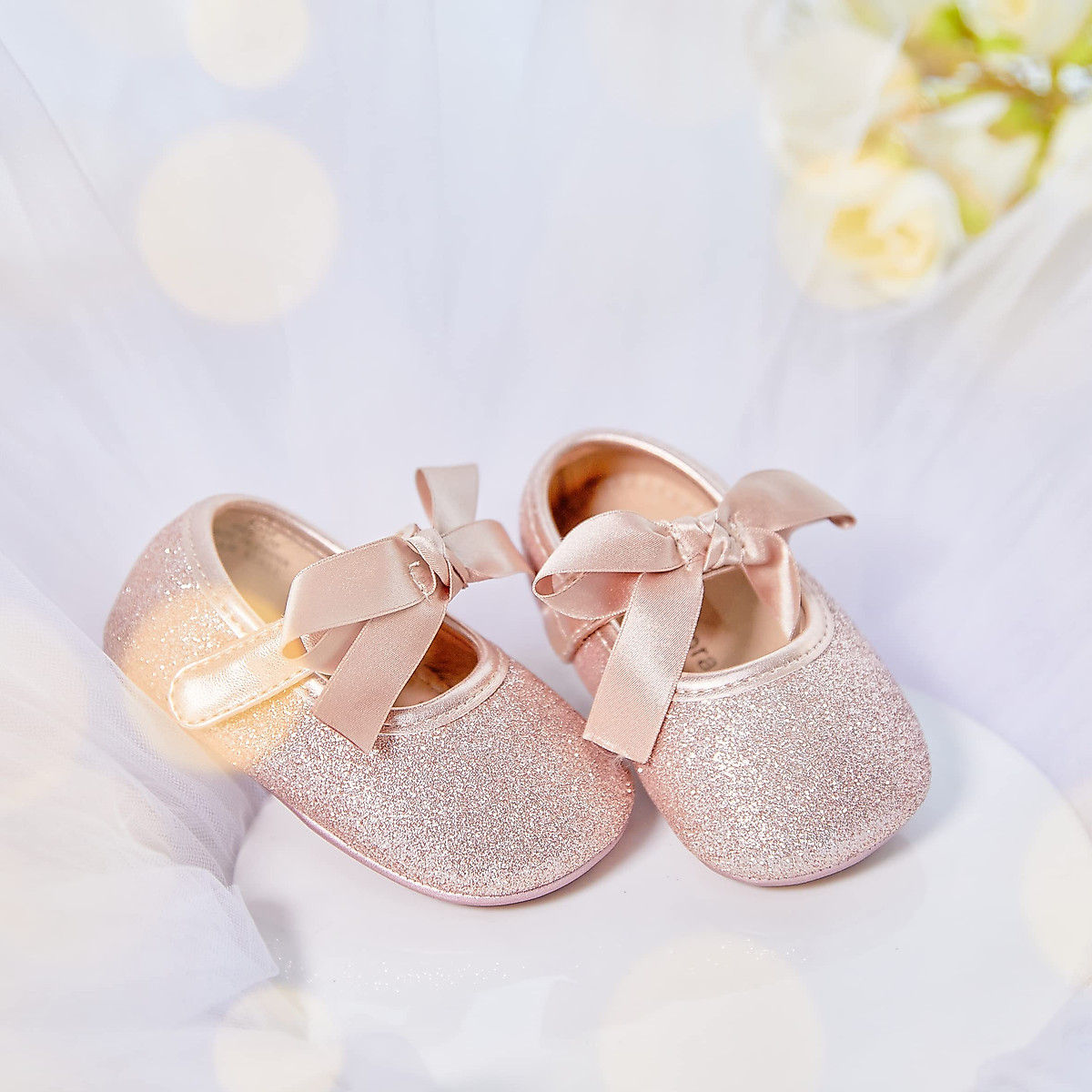 Felix & Flora Infant Baby Girls Shoes Soft Rubber Sole Princess Dress Shoes Baby Walking Shoes(Infant/Toddler)(12-18 Months Infant,Glitter Pink)