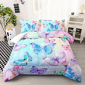 XYNHML Rainbow Flying Watercolor Butterfly Comforter Twin Size Pink Polka Dot Colorful Kid Bedding Fairy Butterfly Quilt Bed Set for Girl Adult with 2 Pillowcases