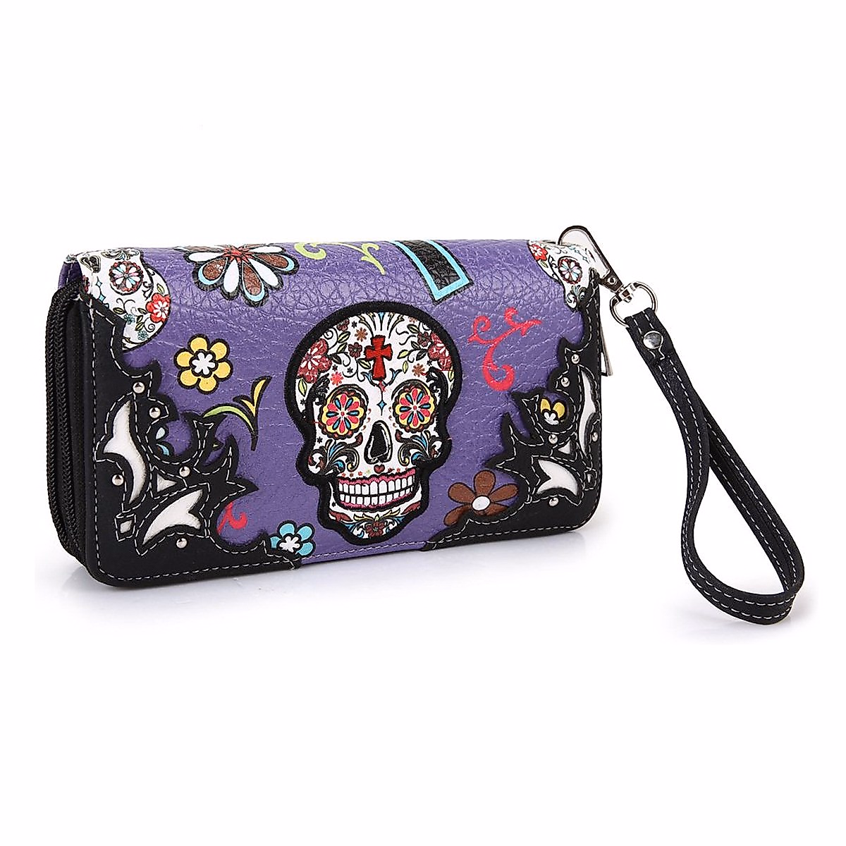Cowgirl Trendy Western Purse Sugar Skull, Cross Clutch Wallet Day of the Dead Wristlet (Purple)