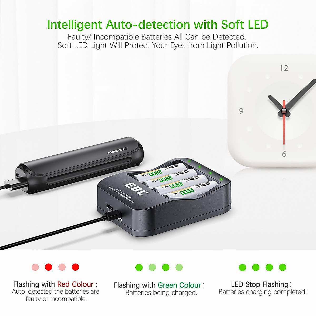 EBL Smart AA AAA NiMH Rechargeable Battery Charger - 2A USB Charging Port 2 Hour Quick Charger