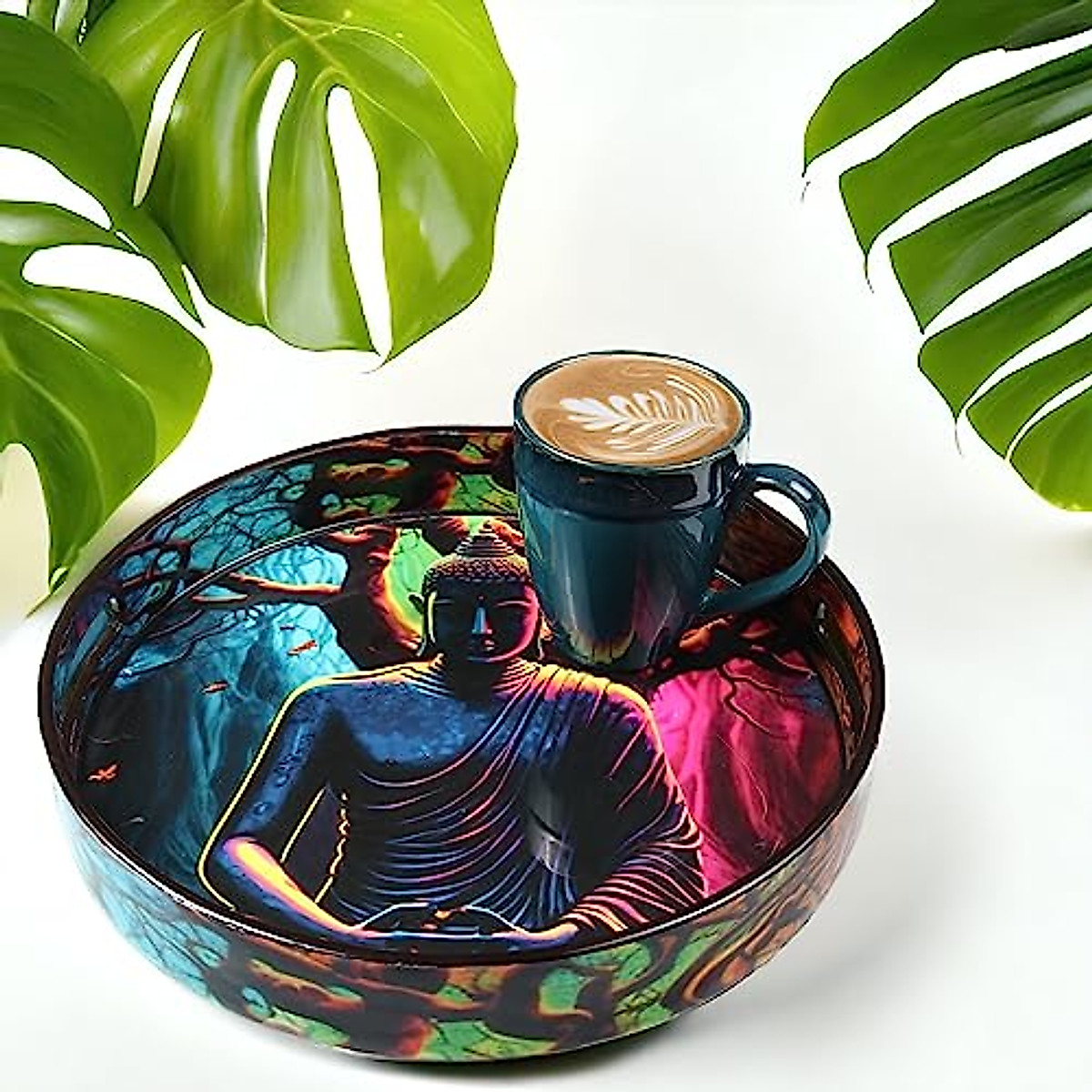 Crocon Decorative Round Serving Tray for Coffee Table Breakfast Buddha Printed Ottoman Tray Candle Holder Multipurpose Centerpieces for Dining Room Home Décor Makeup Drawer Organizer 12 Inch