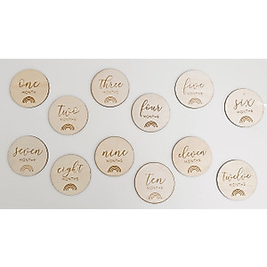 Baby Monthly Milestone Wooden Discs 12 Double Sided (24 Designs) Cards, Hello World Sign, Newborn Photo Props, Welcome Announcement, Hospital Birth Gift, Pregnancy Journey, Age Blocks