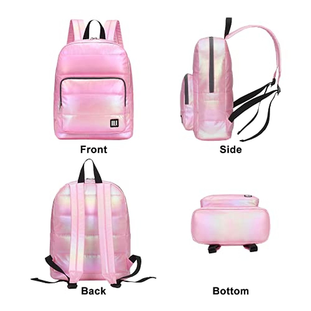 GBLQ PLUS Iridescent Backpack 15 Inch, Super Lightweight Ultra Soft Nylon Shiny Fabric Quilted Casual Daypack Pink