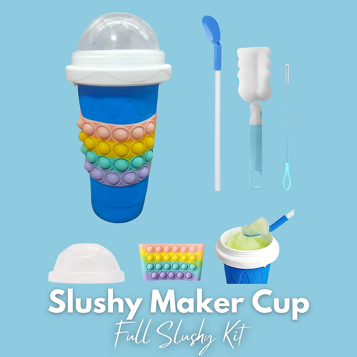 FROSTY - Magic Slushy Maker Squeeze Cup - Tiktok Smoothie- Frozen Drink - Soda Slushie - Ice Cream - Bonus Straw Spoon, Brush Cleaner, Pop It Squeeze Sleeve & Recipe