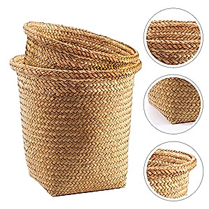 Beavorty Clothes Hamper 2pcs Woven Waste Basket Rattan Plant Basket Trash Can Wicker Garbage Container Bin Seagrass Belly Planter Laundry Basket Storage Basket for Home Office Wicker Storage Basket
