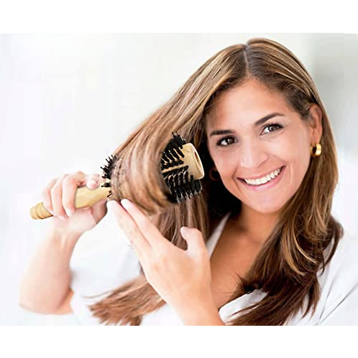 Wood Round Hair Brush with High-Density Boar Bristle for Blow Drying, Straightening, Styling Shoulder or Back Length Hair, Large Round Brush 1.2" Roller, 2.4" with Bristles