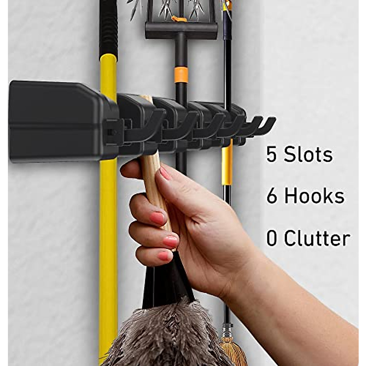 LIVCRT Broom Holder & Wall Mount Garden Tool Organizer- Kitchen, Closet, Garage & Laundry Room Storage With 5 Slots & 6 Hooks - Wall Holder For Broom, Rake & Mop Handles (Black)