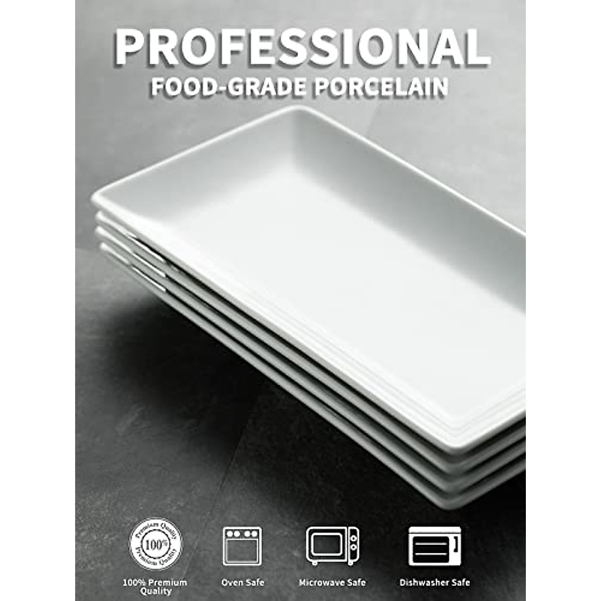 LAUCHUH Serving Platter, 10” Rectangular Plates Serving Tray Porcelain Platters for Parties, Sushi, Dessert Microwave and Dishwasher Safe Set of 4, White