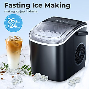 R.W.FLAME Ice Makers Countertop with Handle,26.5Lbs/24H,9 Cubes in 6 Mins,Portable Ice Maker Machine with Self-Cleaning,Ice Basket and Scoop,Perfect for Home, Kitchen, Bar, Camping(Black)