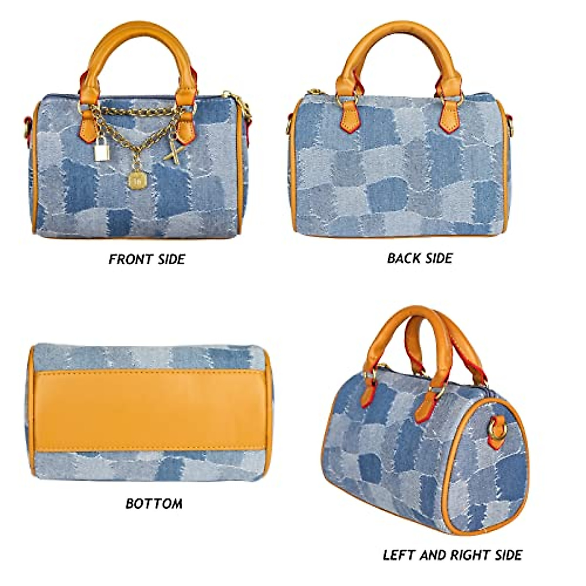 Mini Small Denim Purse Jean Purse Boston Barrel Bags Quilted Checkered Purse Top Handle Canvas Tote Bag Crossbody bags Satchel Handbag for Women,Blue