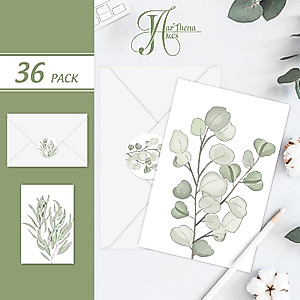 JarThenaAMCS 36 Pack Greenery Greeting Cards Watercolor Green Eucalyptus Leaves Note Cards with Envelopes Stickers Bulk Spring Summer Blank Cards for Birthday Wedding Baby Shower Bridal Shower