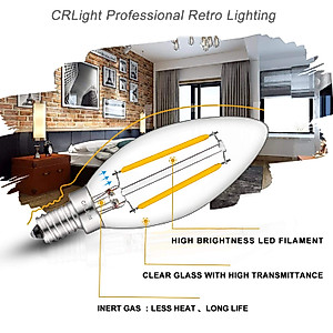 CRLight LED Candelabra Bulb 25W Equivalent 250 Lumens, 3000K Soft White 2W Filament LED Chandelier Light Bulbs, E12 Vintage Edison B11 Clear Glass Candle Bulbs, Non-dimmable Version, 12 Pack