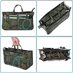 BTSKY Printing Handbag Organizers Inside Purse Insert - High Capacity 13 Pockets Bag Tote Organizer with Handle (Green Lotus)