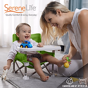 Serene Life Baby Seat Booster -Space Saver Toddler Booster Seat - Portable Pop and Open Sit Folding Booster Feeding Chair - Safety Belt/Food Tray/Travel Bag - SereneLife SLBS66G