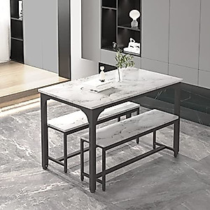 WiberWi Dining Table Set for 4, 47.3” Kitchen Dining Table, 3 Piece Kitchen Table and Chairs for 4, Heavy Duty Dining Room Table with Metal Frame & Faux Marble Tabletop for Kitchen Small Spaces