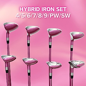 Majek Pink Senior Ladies Golf Hybrids Irons Set New Senior Women Best All True Hybrid Ultra Light Weight Forgiving Fuchsia Woman Complete Package Includes 4 5 6 7 8 9 PW SW All Lady Flex Utility Clubs