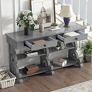 Brabrety Rustic Console Table Sideboard with Ample Storage, Open Shelves and Drawers,for Entrance Dinning Room Living Room (Antique Gray@Storage)