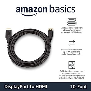 Amazon Basics Uni-Directional DisplayPort to HDMI Display Cable - 10 Feet & DisplayPort to DisplayPort HD Display Cable - 10 Feet