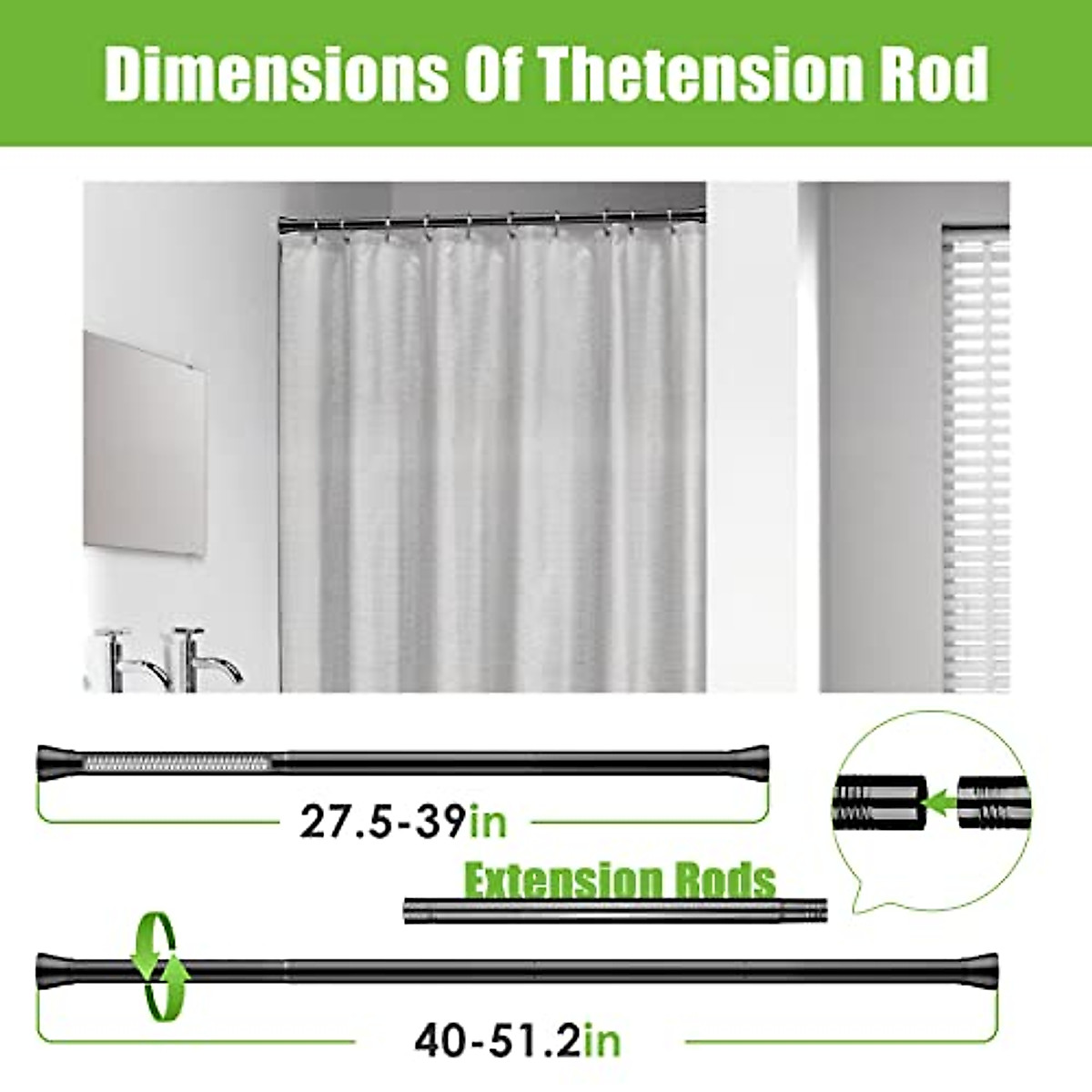 AIZESI Spring Tension Curtain Rods 28 to 48 Inch Black Shower Rod Tension Rods Never Rust Non-slip Shower Curtain Rod Tension No Drill Adjustable Curtain Rods Spring Tension Rod for Window or Shower