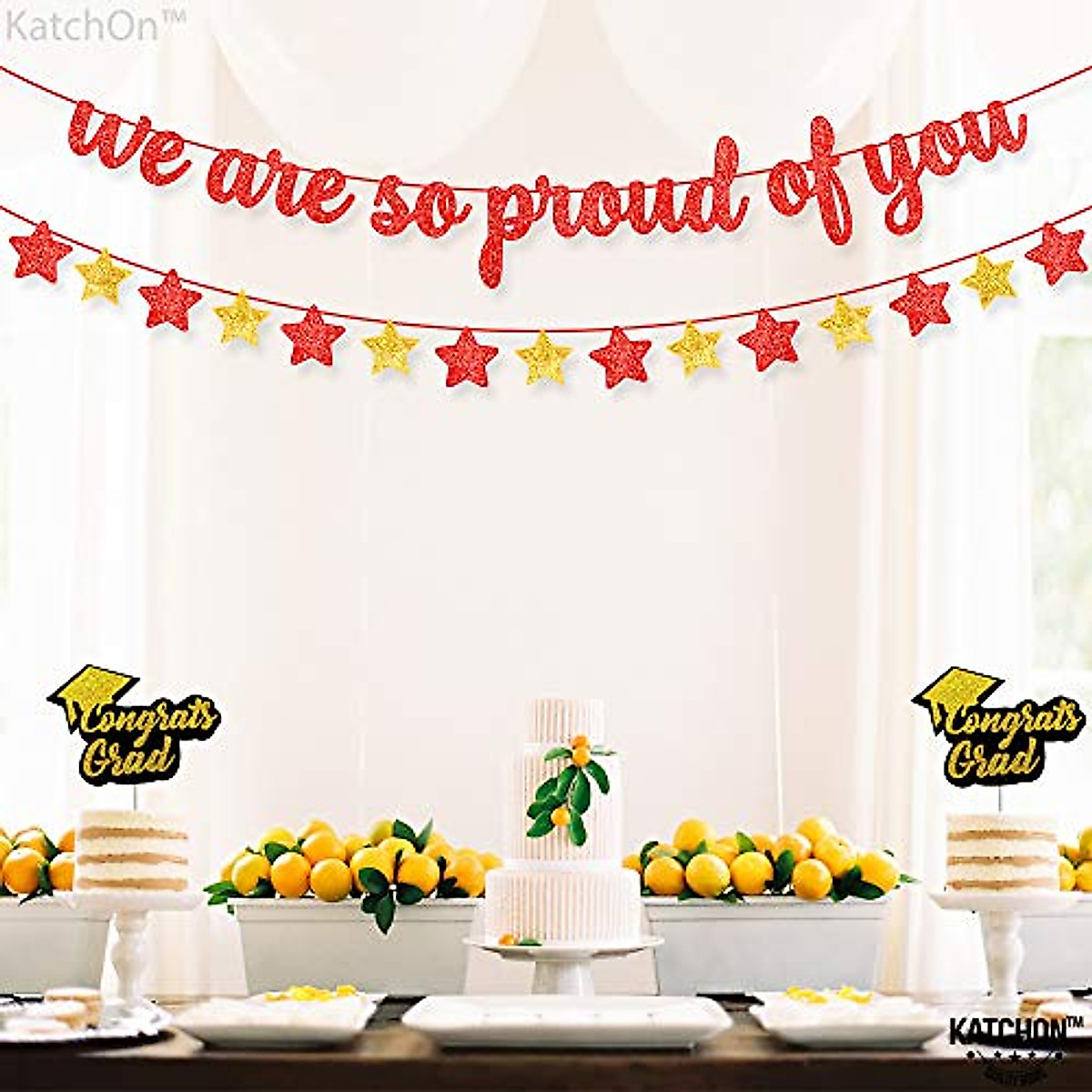 We Are So Proud Of You Banner, Glitter - Big 10 Feet with Star Garland | Graduation Banner for Red and Gold Graduation Party Decorations | Congratulations Decorations | Red Graduation Decorations 2023