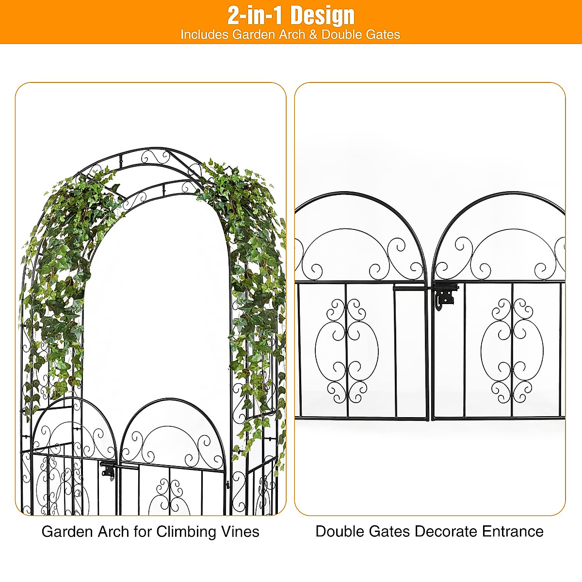 Stonehomy 84in High Metal Garden Arbor with Gate, Heavy Duty Wide Garden Arch, Metal Arch Trellis with Gate for Climbing Plant, Wedding, Outdoor Patio Décor, Black(84"x52.4"x19")
