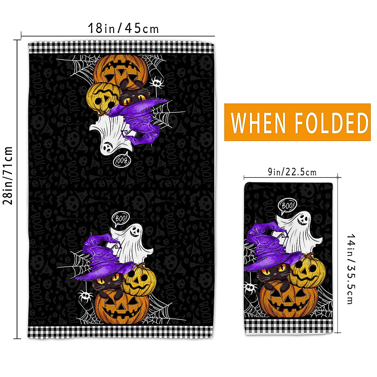 Unibyby Halloween Kitchen Towels, Halloween Pumpkin Towels Set of 2, Trick or Treat Dish Towels for Kitchen with Black Cat and Ghost Buffalo Plaid Decorations for Home, 18x28 Inches