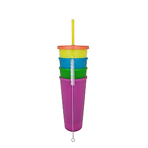 Essential Drinkware 24oz Instant Color Changing Cups Set of 4 Reusable Plastic Tumblers with Screw on Lids and Color Straws
