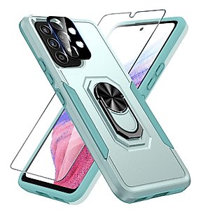 Janmitta Compatible with Samsung Galaxy A53 5G Case,with 1 Pack Screen Protector+1 Pack Camera Lens Protector,Shockproof Full Body Phone Cover,Built in Finger Ring Holder Kickstand,2022 Mint Green