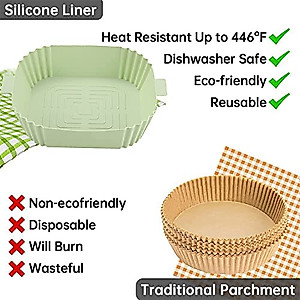 Air Fryer Silicone Liners - Square Shape Air Fryer Baskets 7.7 inches wide - Fit for all 4 to 7 qt size Air Fryers - Lightweight Heat Resistant and Easy to Clean Reusable Pots Inserts (Green, 1)