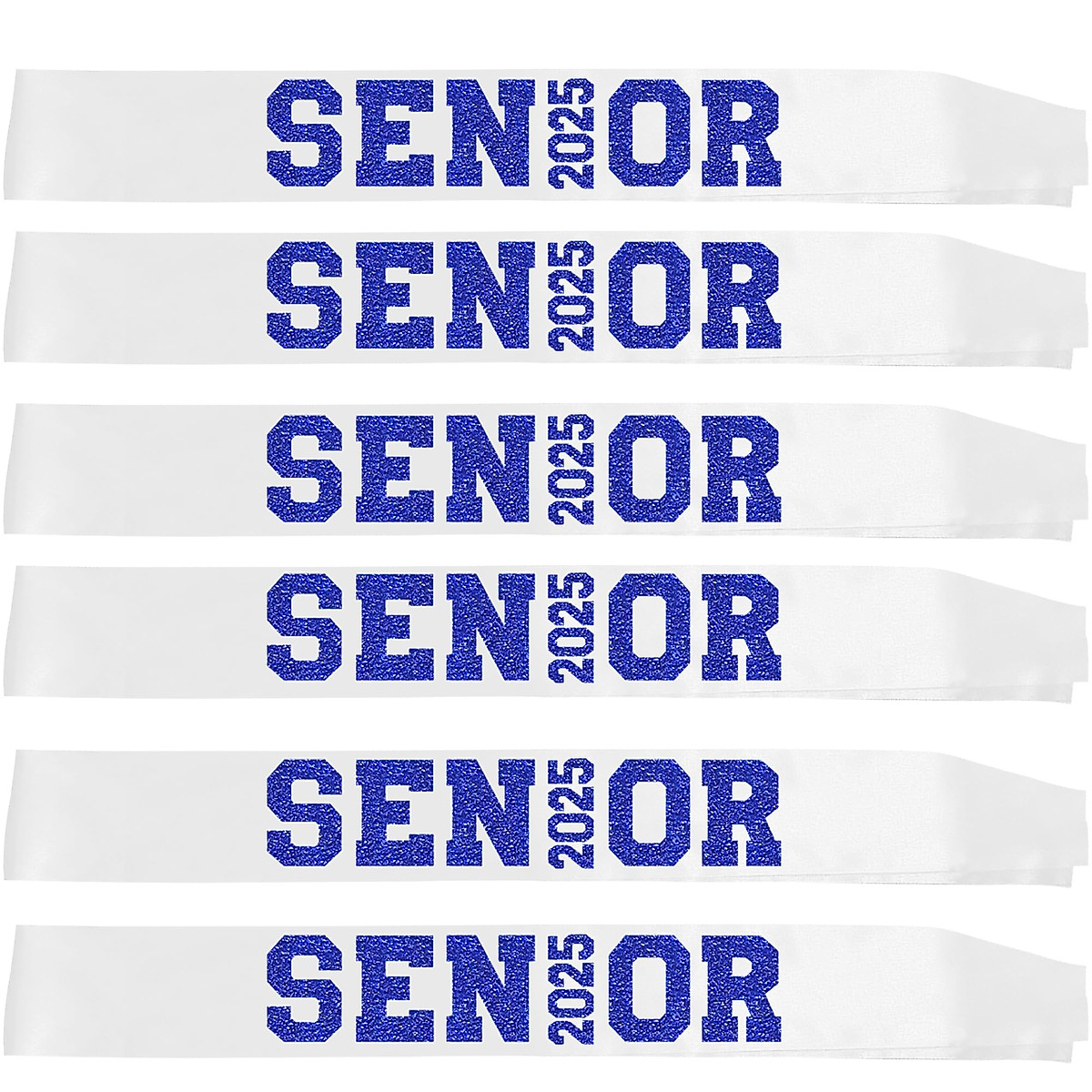 6Pcs White Senior 2025 Satin Sashes with Blue Glitter Letters- 2025 Graduation Celebrations Sashes - Senior Cheer Sash - Cheerleader Sash - Class Competition Sashes