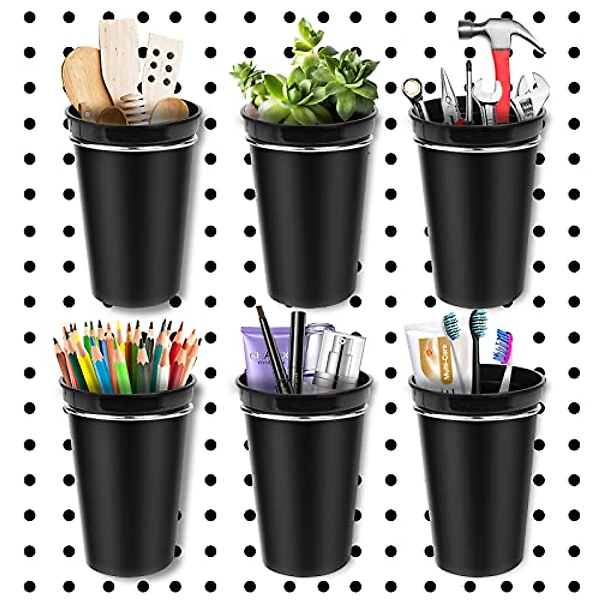 Pegboard Bins with Rings 6 Sets, Pegboard Ring Styles Hooks, Pegboards Cups Holder for Accessories, Pencils, Craft Tools, and Other Assortments Organizing (2021 Black)