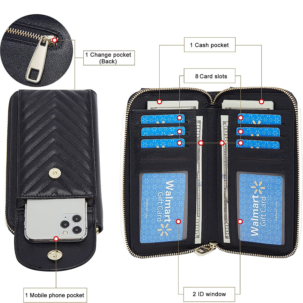 FOXLOVER Leather Small Crossbody Bags Cell Phone Purse for Women Fashion Shoulder Bag RFID Blocking Wallet Purse with Credit Card Slots(Black Quilted)