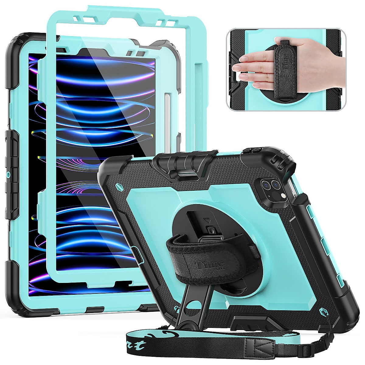 Timecity Case for iPad Pro 11 inch 2022/2021 (4th/ 3rd Generation), Shockproof Case with Screen Protector, Swivel Stand, Handle, Shoulder Strap, Pencil Holder Case for iPad Pro 11 Inch- Light Blue