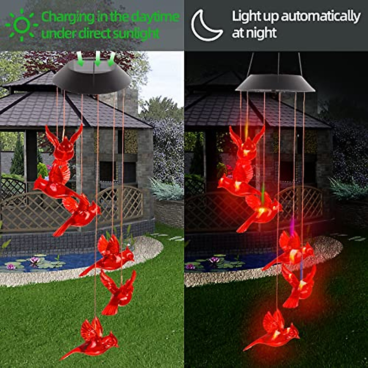 TSIPEKLO Cardinal Wind Chimes, Solar Powered Red Cardinal Bird Wind Chime Wind Moblie LED Light, Spiral Spinner Cardinal Windchime Portable Outdoor Chime for Patio, Deck, Yard, Garden, Home