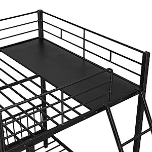 Triple Bunk Bed Metal Full Over Two Twin Beds with Storage Drawers and Shelf Detachable 3 Bed Bunk Bed Frame with Ladder for Kids Boys Girls Teens, Can Bed Divided into Three Separate Beds, Black