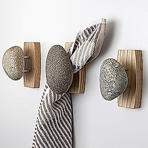 Sea Stones Coast Hook - Coat Hook - Hand Selected, Natural Stone Wall Hook with Elegant Wooden Backplate - Hang Your Coats, Towels, Robes & More with Both Indoors & Outdoor Uses (3 Pack, Ash)