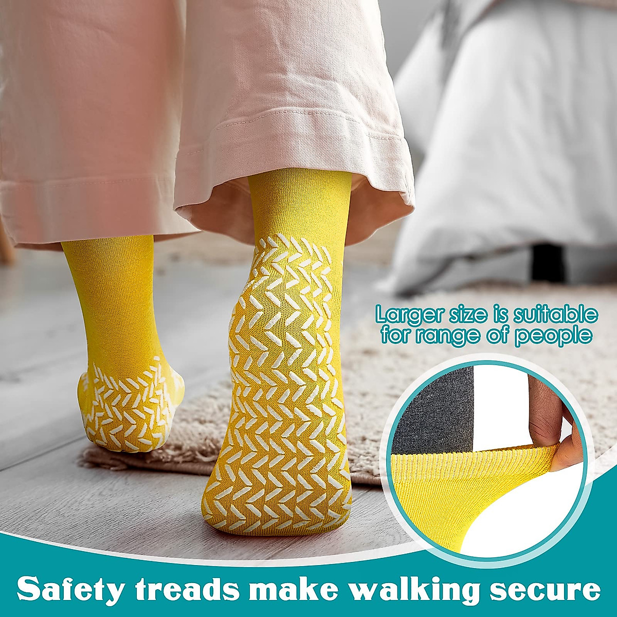 6 Pair Double Sided Tread Non Slip Socks Slip Stopping Safety Socks Fall Prevention Socks for Wide Bariatric (Yellow,Large)