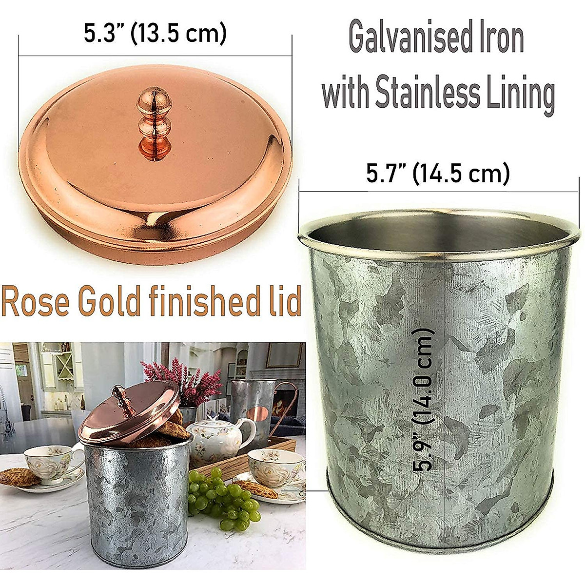 Galrose Galvanized Iron Insulated Ice Bucket – Rose Gold Lid, 2 Liter Stainless Steel Double Wall 5.5" x 6” Rustic Wine Chiller or Champagne Bucket. Unique 6th Iron Anniversary or Birthday Gift