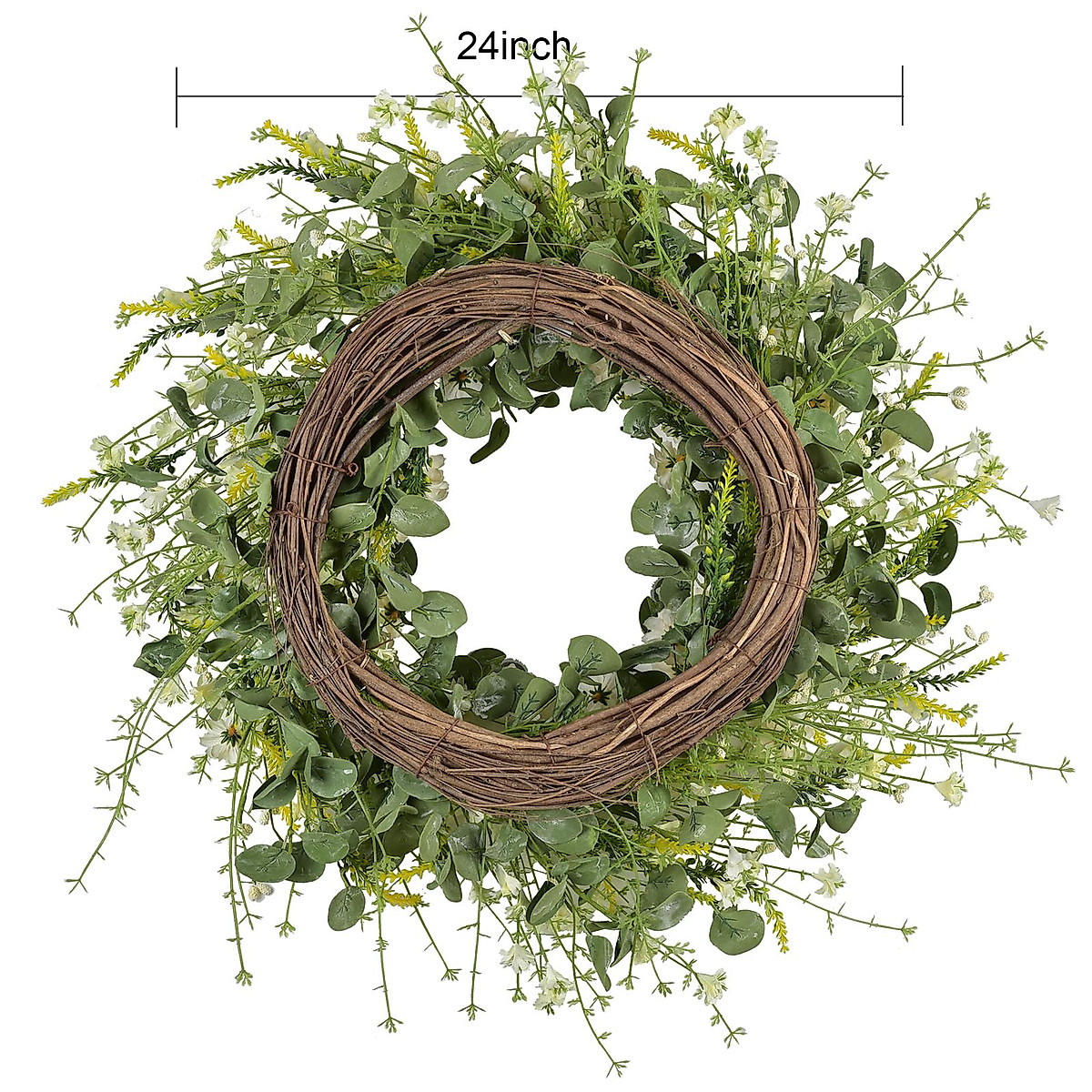LSKYTOP 24 Inches Artificial Daisy Flower Wreath with Eucalyptus Leave Silk Flower White Berries Spring Summer Wreath for Front Door Wall Decor