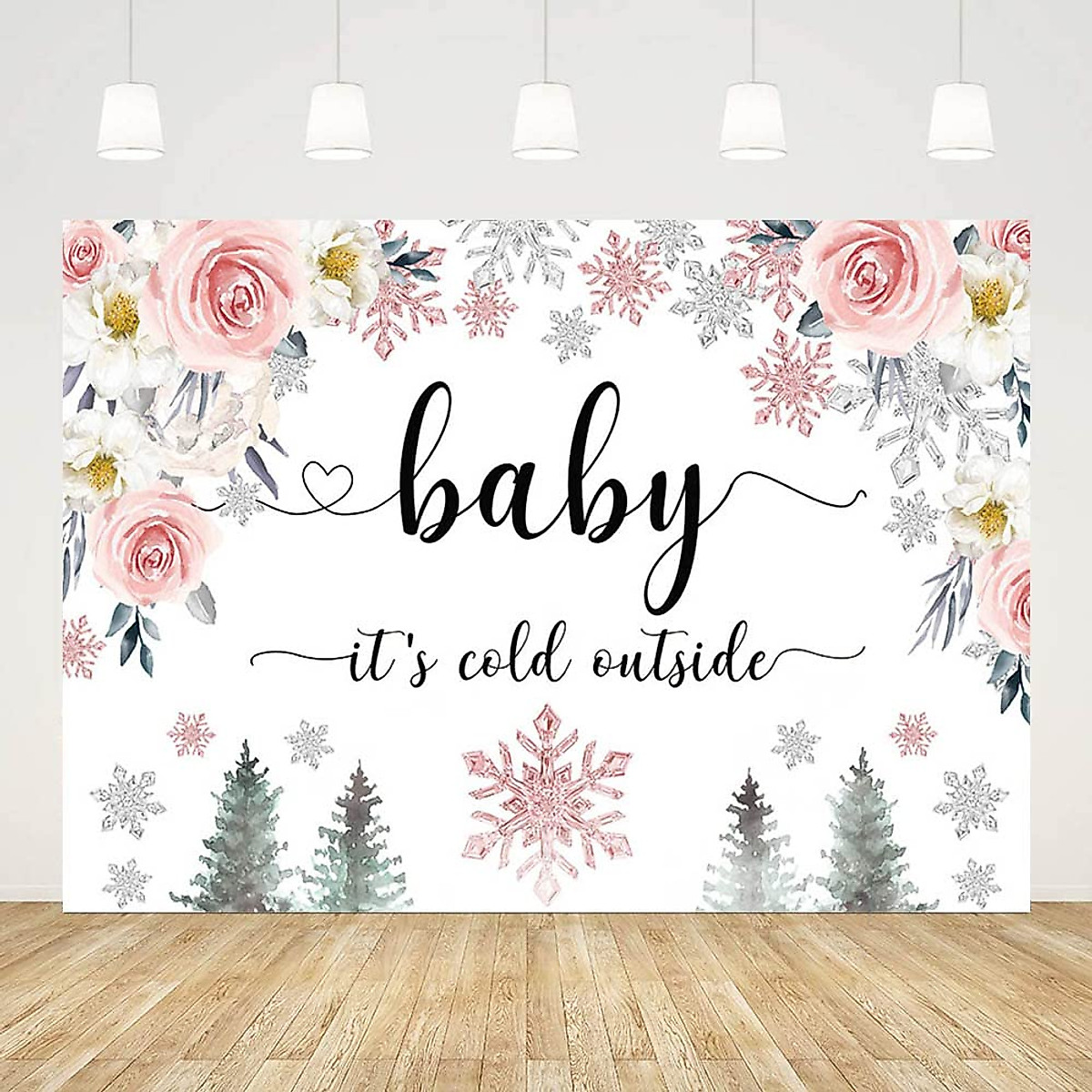 AIBIIN 7x5ft Baby It's Cold Outside Backdrop Christmas Winter Baby Shower Decorations for Girl Pink Flowers Silver Snowflakes Photography Background Banner Photo Props