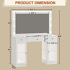 IFSEB Vanity Desk with Mirror and Lights, Glass Top Vanity with Lights & Power Outlet, Makeup Vanity Desk with Lights, White Vanity Table with 3 Color Lighting Modes, Dressing Table for Women, Girls