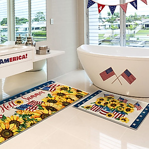 Tailus 4th of July Patriotic Fall Decorative Kitchen Rugs Set of 2, Sunflowers American Flag Mason Jar Autumn Kitchen Mat, USA Memorial Day Mat Hello Summer Home Decorations 17x29 and 17x47 Inch