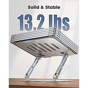 HUANUO Adjustable Laptop Stand, Aluminum Laptop Riser, Ergonomic Laptop Stand for Desk, Notebook Computer Stand Holder Compatible with 10-17” Laptops, Silver, HNLS07S