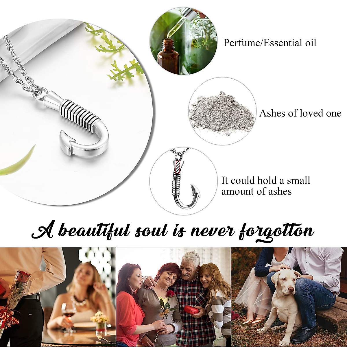 abooxiu Fishing Hook Urn Necklace for Ashes Fish Hook Stainless Steel Cremation Jewelry Memorial Pendant Keepsake for Men(Silver)