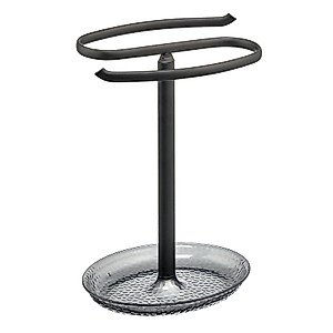 mDesign Steel Fingertip Towel Rack Stand with Base Tray - Towel Holder, Towel Bar for Bathroom, Kitchen, Powder Room - Holds Hand Towel, Washcloths - Rain Collection - Black