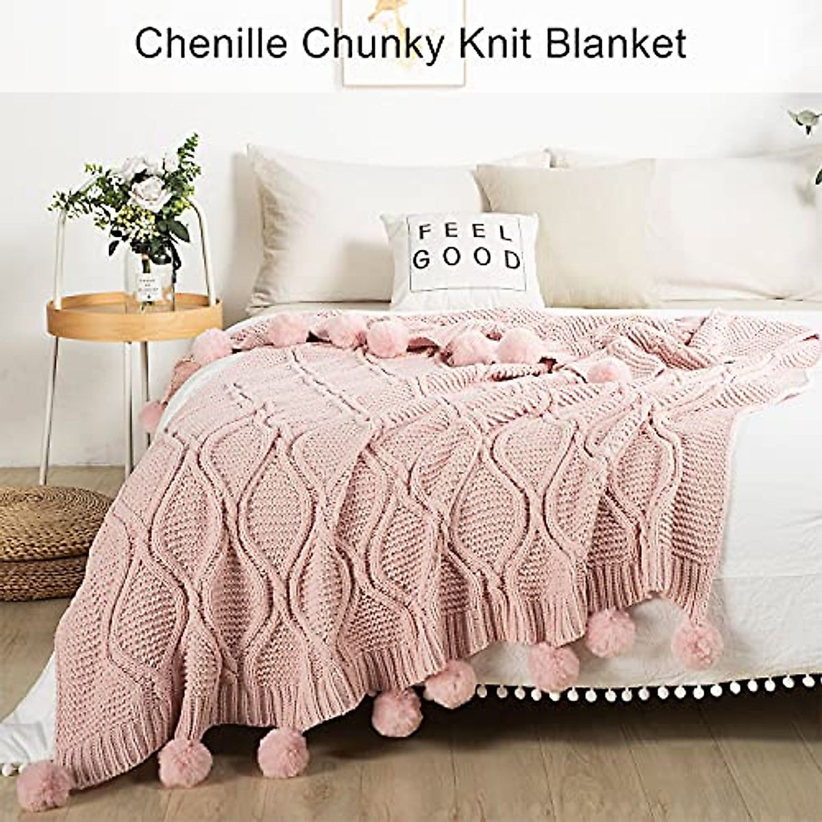 Chunky Knit Blanket with pom poms- Thick, Soft, Big, Cozy Throw Blankets for Couch, Bed, Sofa, Chair-50×60 Inches,Pink