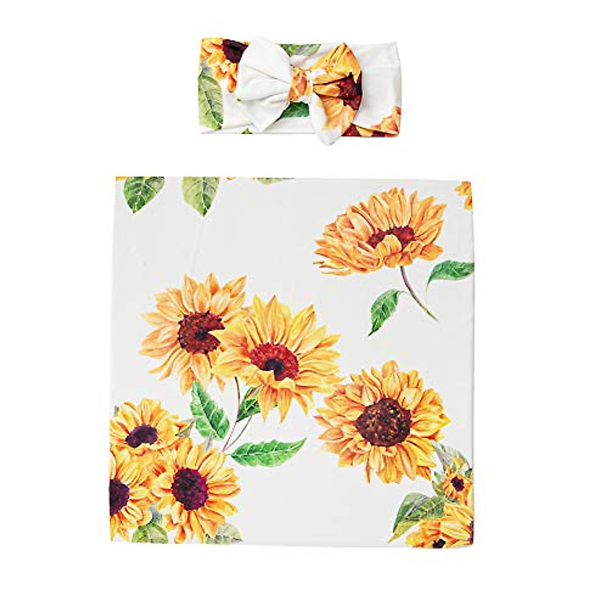 Galabloomer Newborn Sunflower Receiving Blanket Headband Set Baby Flower Rose Swaddle with Big Bow