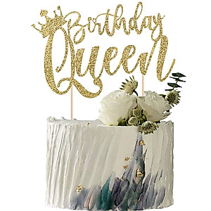 YUINYO Handmade Glitter Queen Birthday Cake Topper, Happy Birthday Cake Bunting Decor, Birthday Party Decoration Supplies (Gold)
