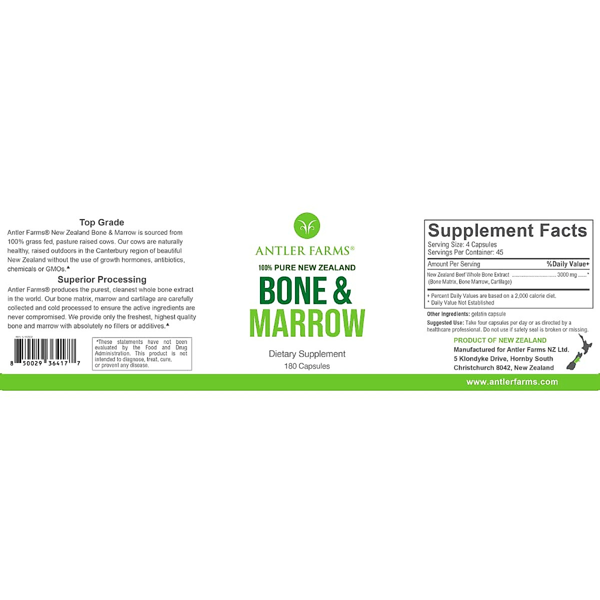 Antler Farms - 100% Pure New Zealand Bone & Marrow, 180 Capsules, 750mg - Grass Fed, Pasture Raised Whole Bone Extract, Cold Processed, Healthy Essential Fats, Stem Cells, Collagen, Calcium