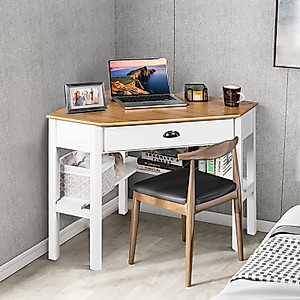 GOFLAME Computer Corner Desk, Wood Compact Home Office Writing Worstation with Drawer and Shelves, Laptop PC Corner Table for Small Space Home Office, Natural & White